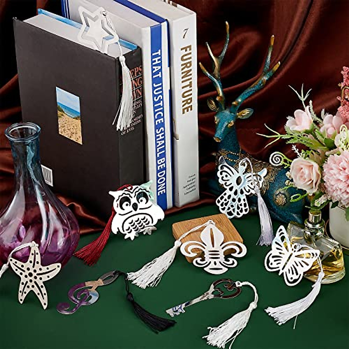 AHANDMAKER 10 Pcs Stainless Steel Bookmarks, Cute Starfish Angel Butterfly Owl Bookmark, Metal Hollow Bookmark with Tassels for Book Lovers Wedding Party Favors(10 Styles)
