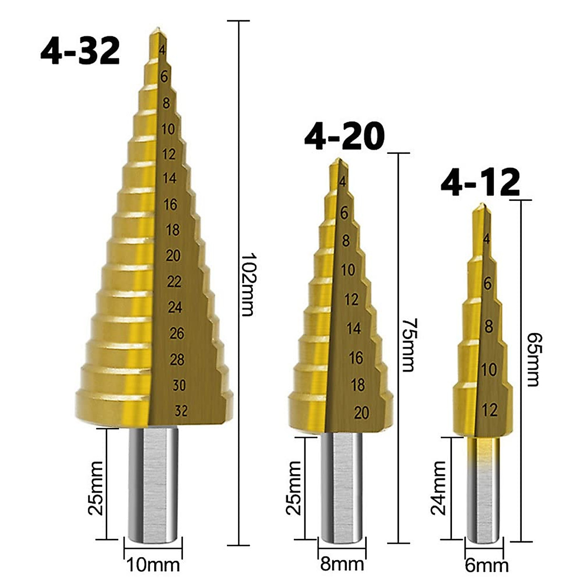 6Pcs Titanium Coated Drill Bit Set, Including 3 Sizes of Step Drill Bit and 3 Sizes of Serrated Twist Drill Bit for Metal Wood Hole Drilling
