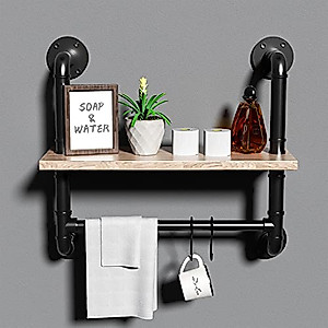 SDMETEI 24in Bathroom Shelves Industrial Style Rustic Pipe Wall Mounted Floating Shelf with Towel Bar for Bathroom Over Toilet, Farmhouse Decoration, 1-Layer, Wood
