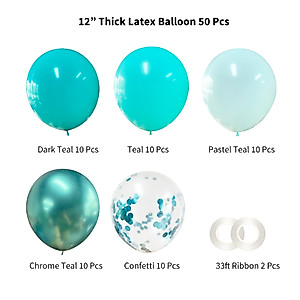 ANSOMO Teal Latex Balloons Party Decorations 12 Inch 50 Pcs Matte Dark Pastel Metallic Chrome Confetti Teal Balloons Ribbons Wedding Birthday Bridal Baby Shower Graduation Bachelorette Décor Supplies