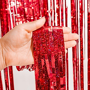 Red Fringe Curtains Party Streamers Backdrop - GREATRIL Foil Tinsel Curtain Cortinas para Fiestas Decoracion Backdrop for Stranger Theme Party Christmas Valentines Day Party 2-Pack