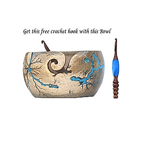 Wooden Yarn Bowl - Knitting Yarn Bowls with Holes Crochet Bowl Holder Handmade Yarn Storage Bowl - Lichtenberg Figure Yarn Bowl (Blue)