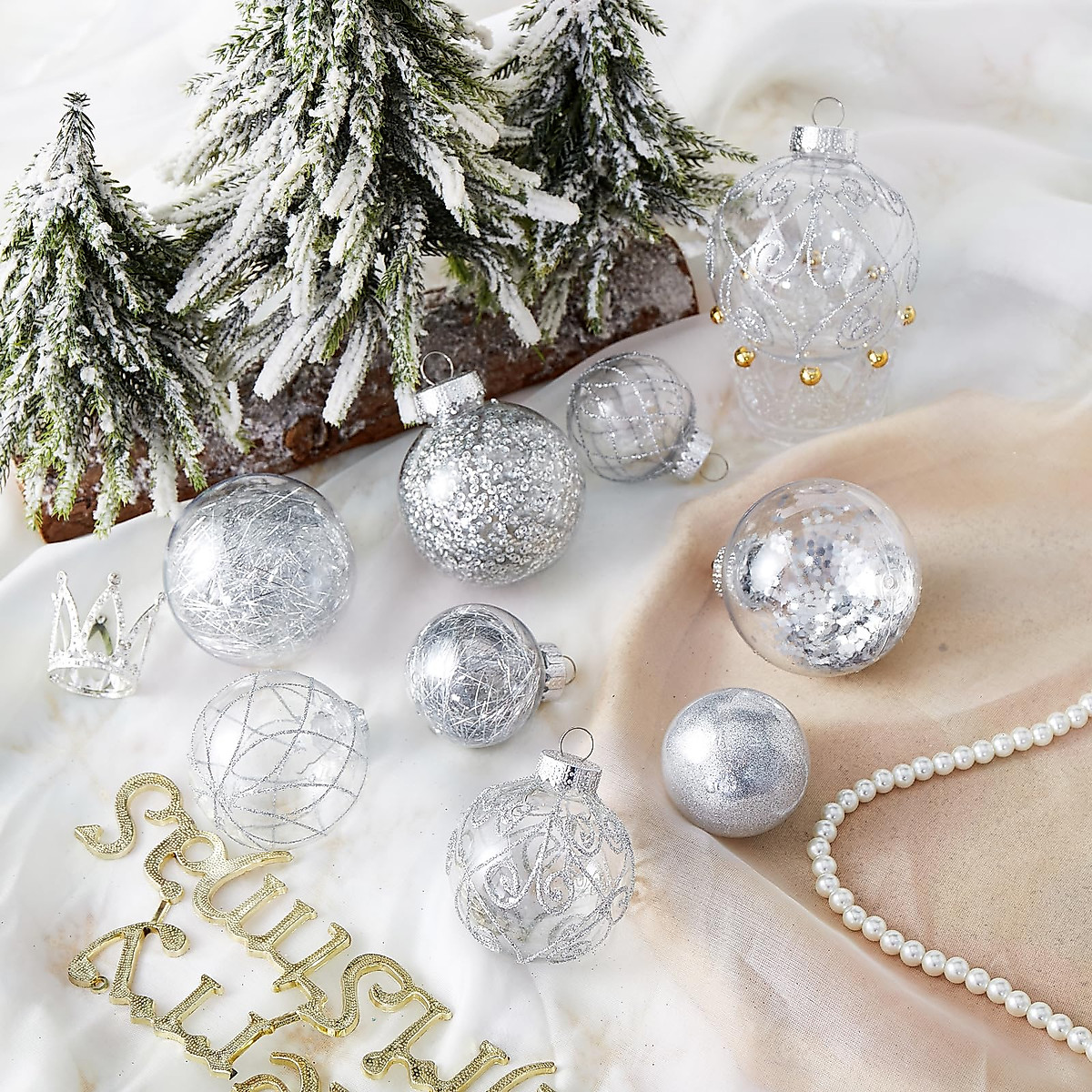 Wironlst Christmas Ball Ornaments Shatterproof Clear Large Plastic Hanging Ball Decorative Baubles Set with Stuffed Delicate Decorations (Multi-Size, Silver)