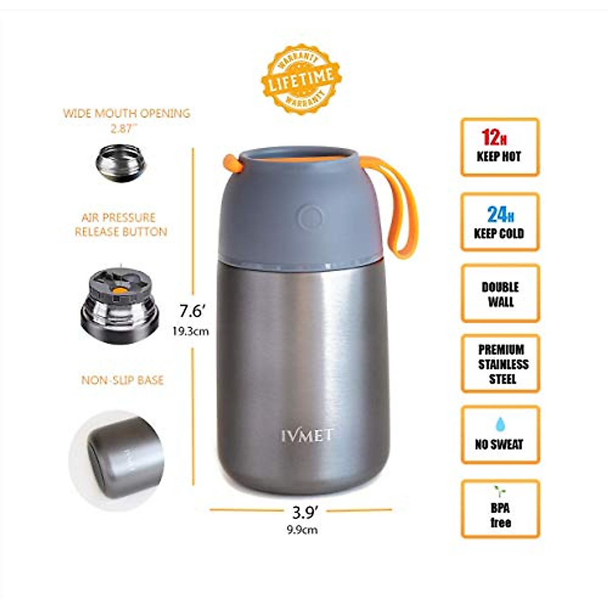 IVMET 3-Piece Lunch Bag Kit Insulated Bento Lunch Box Food Jar Vacuum Stainless Steel thermos with Spoon Leak Proof Hot Cold for Kids Adults School Office Picnic Travel Outdoors (Grey, 24 oz / 730 ml)