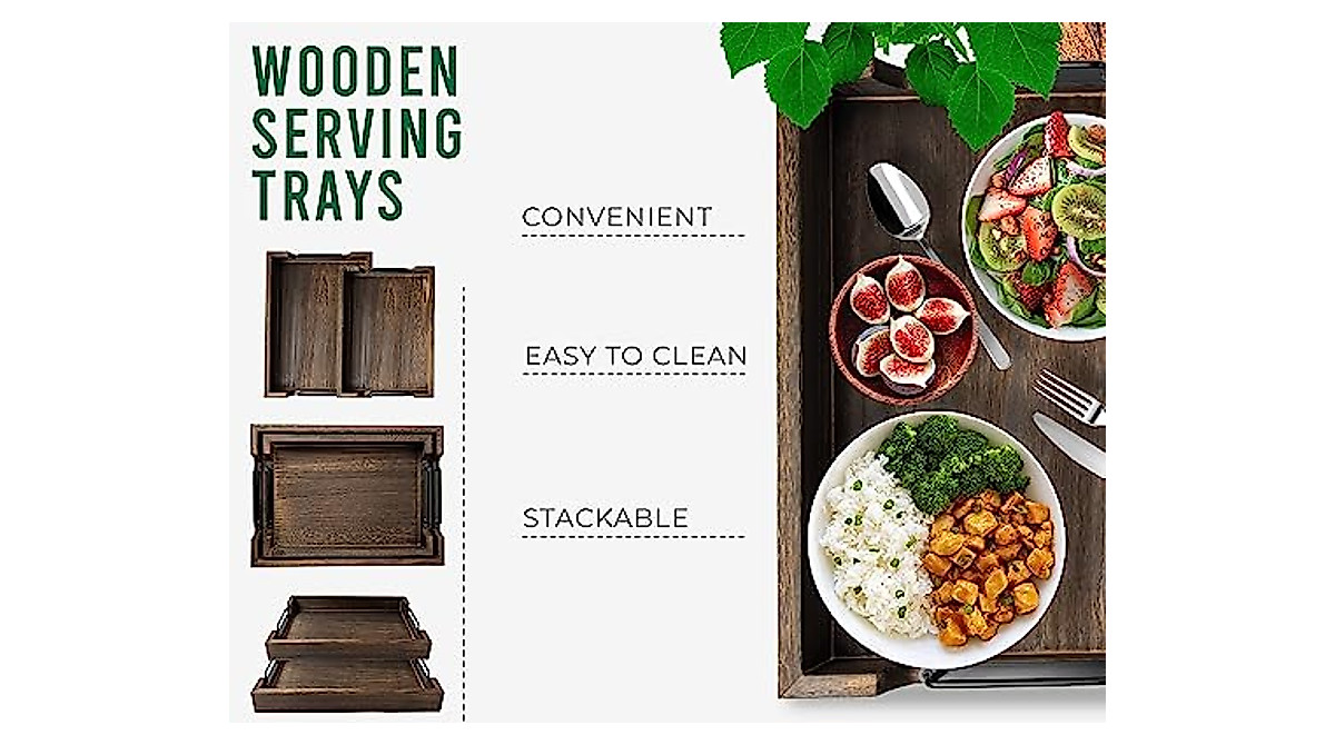 Rustic Wooden Serving Trays with Handle - Set of 2 - Large and Small ...