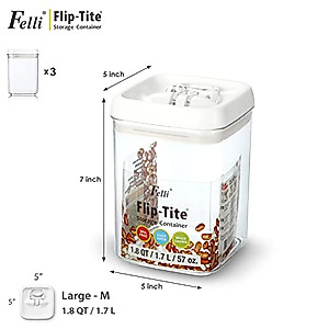 Felli Flip Tite LARGE Acrylic Food Storage Container 3PC Baking Set with 5” Air tight Seal Lid Easy Lock Square, Kitchen Pantry Organization Plastic Canister Jar Organizing Rice Flour Sugar Protein Powder Oat Dog Treat Organizer, Gift for Women (1.8qt, Wh