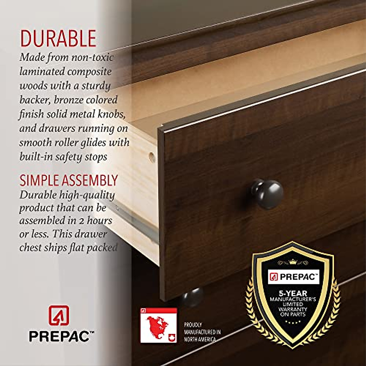 Prepac Fremont Superior 5-Drawer Chest for Bedroom - Spacious and Stylish Chest of Drawers, Measuring 17.75"D x 31.5"W x 44.75"H, In Espresso Finish