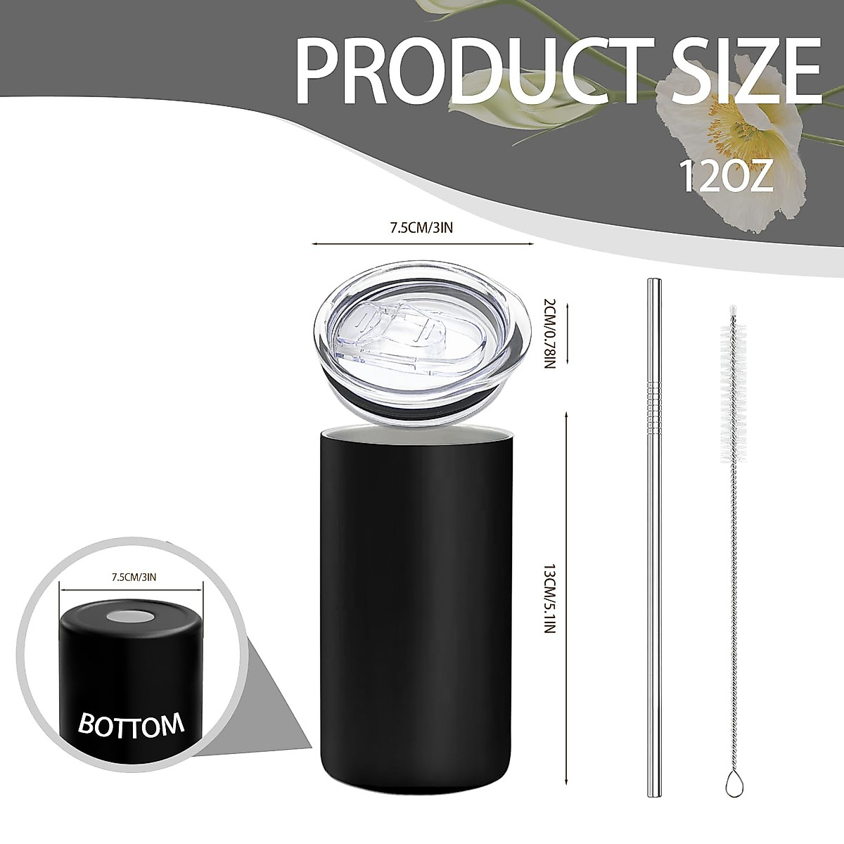 16 Pack Tumblers Blanks Bulk Skinny Straight Tumbler Stainless Steel Double Wall Insulated Water Bottles with Lid & Straw for DIY Gift, 12oz Black