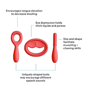 ezpz Oral Development Tools - 3 Months+ (3 Pack in Coral) - Non-Slip Loop, Smile and Stick, 100% Silicone Tools to Practice Feeding + Chewing - Sensory Bumps - Dishwasher Safe