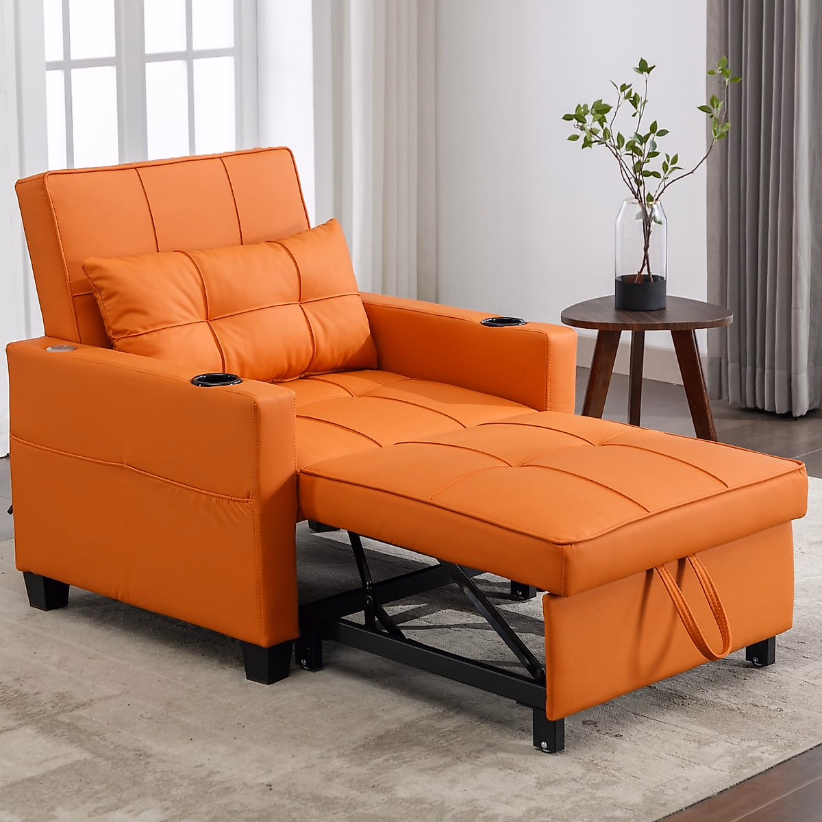 3-in-1 Convertible Sofa Bed Sleeper Chair, Leather Upholstered Pull Out Sleeper Chair with Adjustable Backrest, USB Ports, Cup Holders & Side Pockets for Living Room Apartment Small Space, Orange