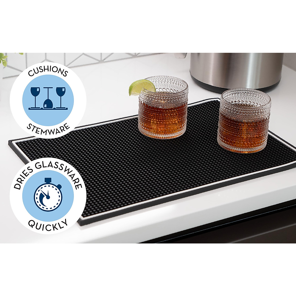 S&T INC. Rubber Bar Mat for Countertop, Non-Slip Bar Mat for Home Bar Cart, Coffee Maker Mat for Countertops, 11.9 Inch x 17.8 Inch, Black with White Border, 1 Bar Mat with 2 Coasters