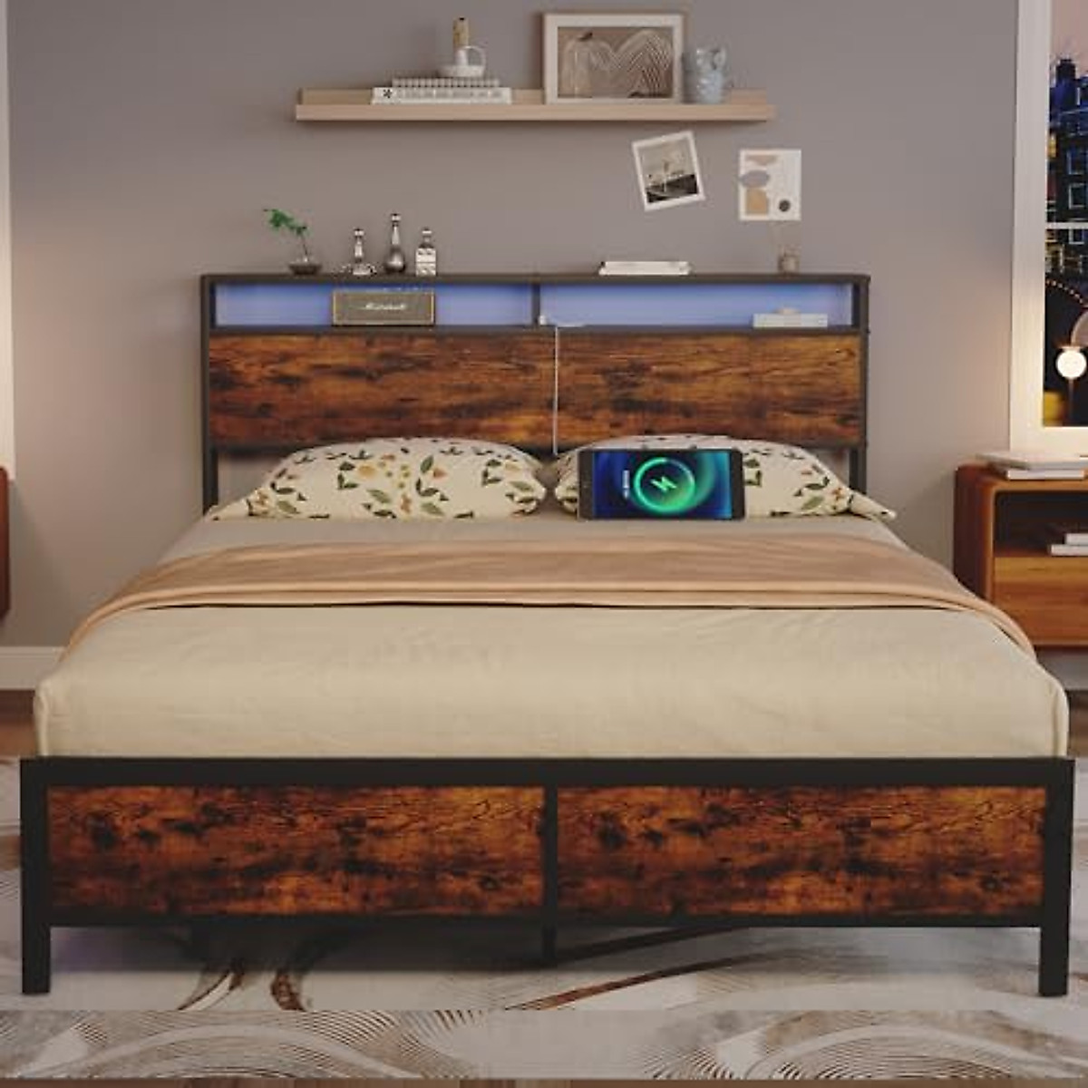SYING88 Modern Bed Frame with LED Lights and 2 USB Ports Industrial Style,Bed Frame with Headboard/Noise-Free/No Box Spring Required for Bedrooms and Small Apartment(Antique Brown (Queen)