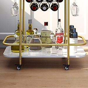 BENOSS Gold Bar Cart on Wheels, Home Bar Serving Carts, Modern Marbled Pattern Wine Cart with Glass Holder Wine Rack, Coffee Tea Drink Trolley, Beverage Bar Cart for the Home Kitchen Living Room Party
