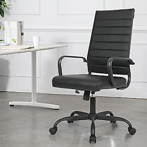 LANDSUN Home Office Chair High Back Executive Chair Ribbed Leather Computer Desk Chair with Armrests Soft Pad Adjustable Height Swivel Conference Black Frame