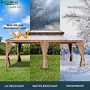 GAZEBEST 12' X 20' Permanent Hardtop Gazebo, Outdoor Galvanized Steel Double Roof Pavilion Pergola Canopy Wood-Looking with Aluminum Frame and Privacy Curtains for Garden,Patio Backyard,Deck and Lawns