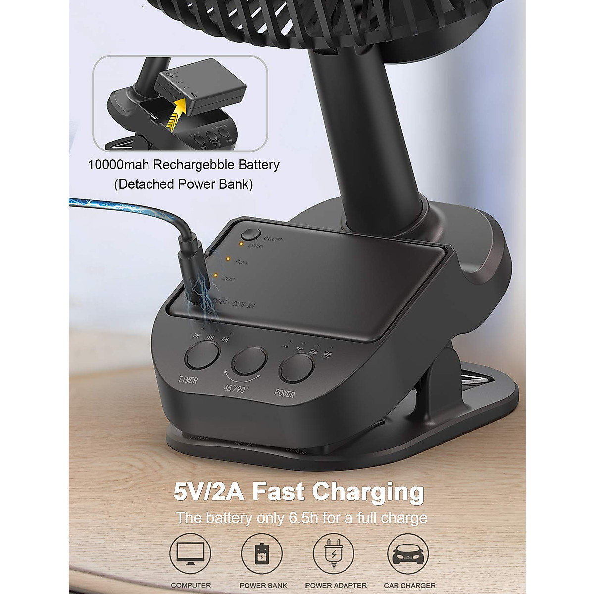 xasla 10000mAh Oscillating Battery Operated Fan, 8” Rechargeable Clip on Fan, 4 Speeds, Power Bank Battery, Timer, Clip & Hook for Grow Tent, Treadmill, Golf Cart, Camping, Baby Stroller