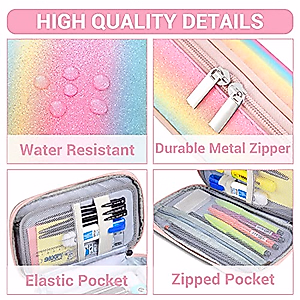 VASCHY Pencil Case, Large Capacity Pen Holder Pouch with Double Zippers Multi Compartments Easy Organized Mesh Pockets Rainbow