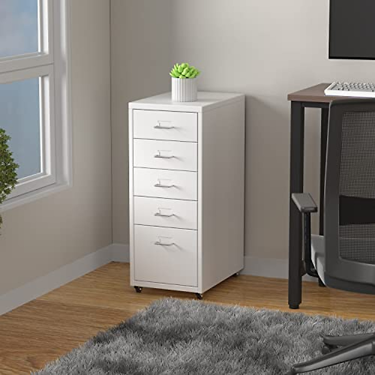 Howzone 5 Drawer Vertical File Cabinet,Home Metal Mobile File Cabinet, Office Organizer File Cabinet,Under Desk Vertical File Cabinet with Wheel,Assembly Required (White)