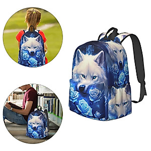 FeHuew 16 inch backpack Fantasy Blue Roses Wolf Laptop Backpack Full Print School Bookbag Shoulder Bag for Travel Daypack