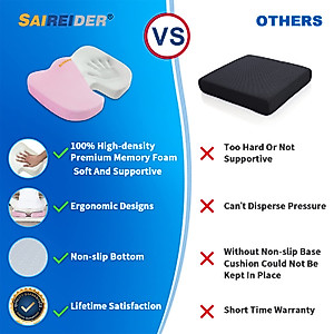 SAIREIDER Office Chair Cushion, Car Seat Cushion, Memory Foam Coccyx Cushion Pads for Tailbone Pain, Sciatica Relief Pillow, Correct Sitting Posture (Pink)