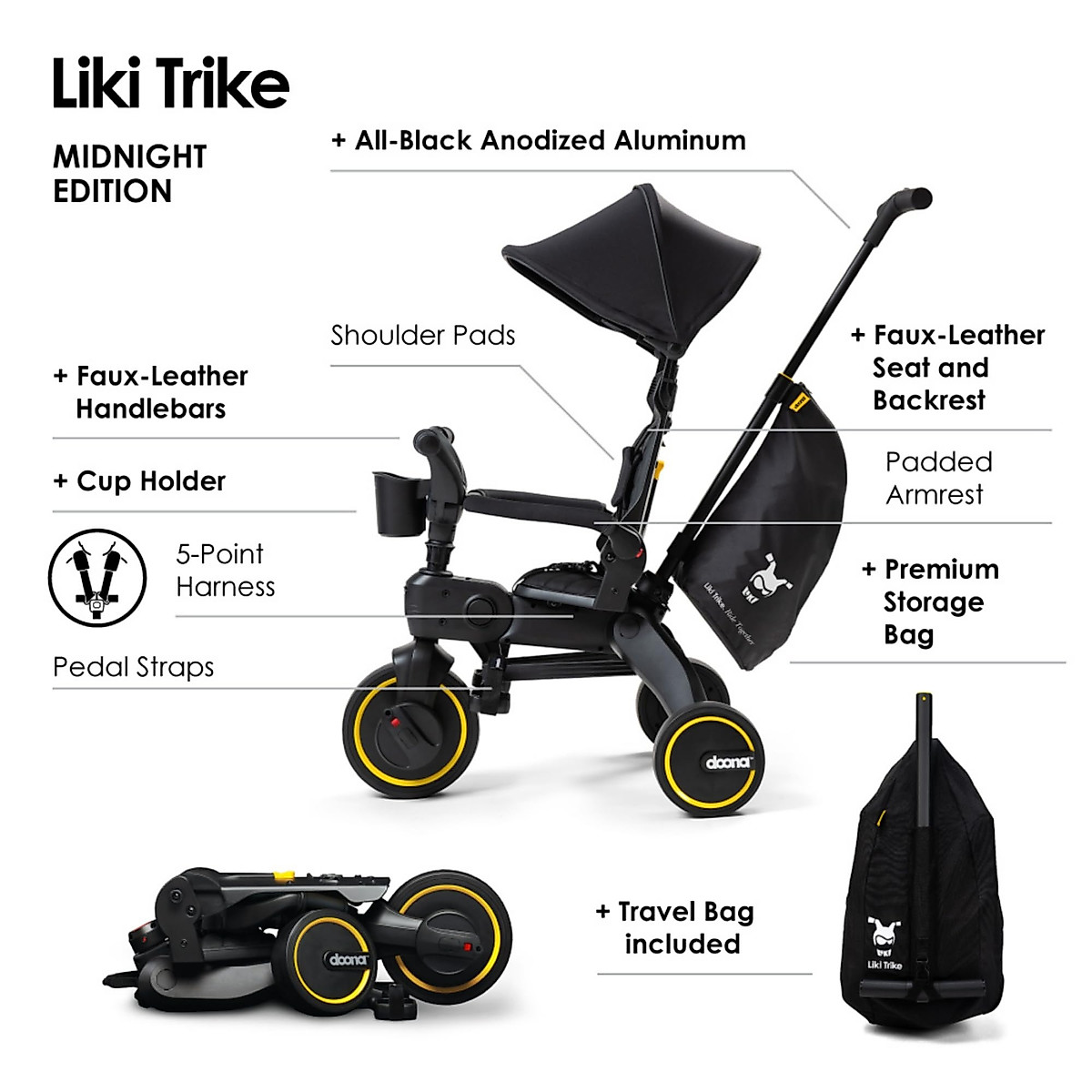 Doona Liki Trike, Midnight Edition - 5-in-1 Compact, Foldable Tricycle - Suitable for Toddlers 10 to 36 Months