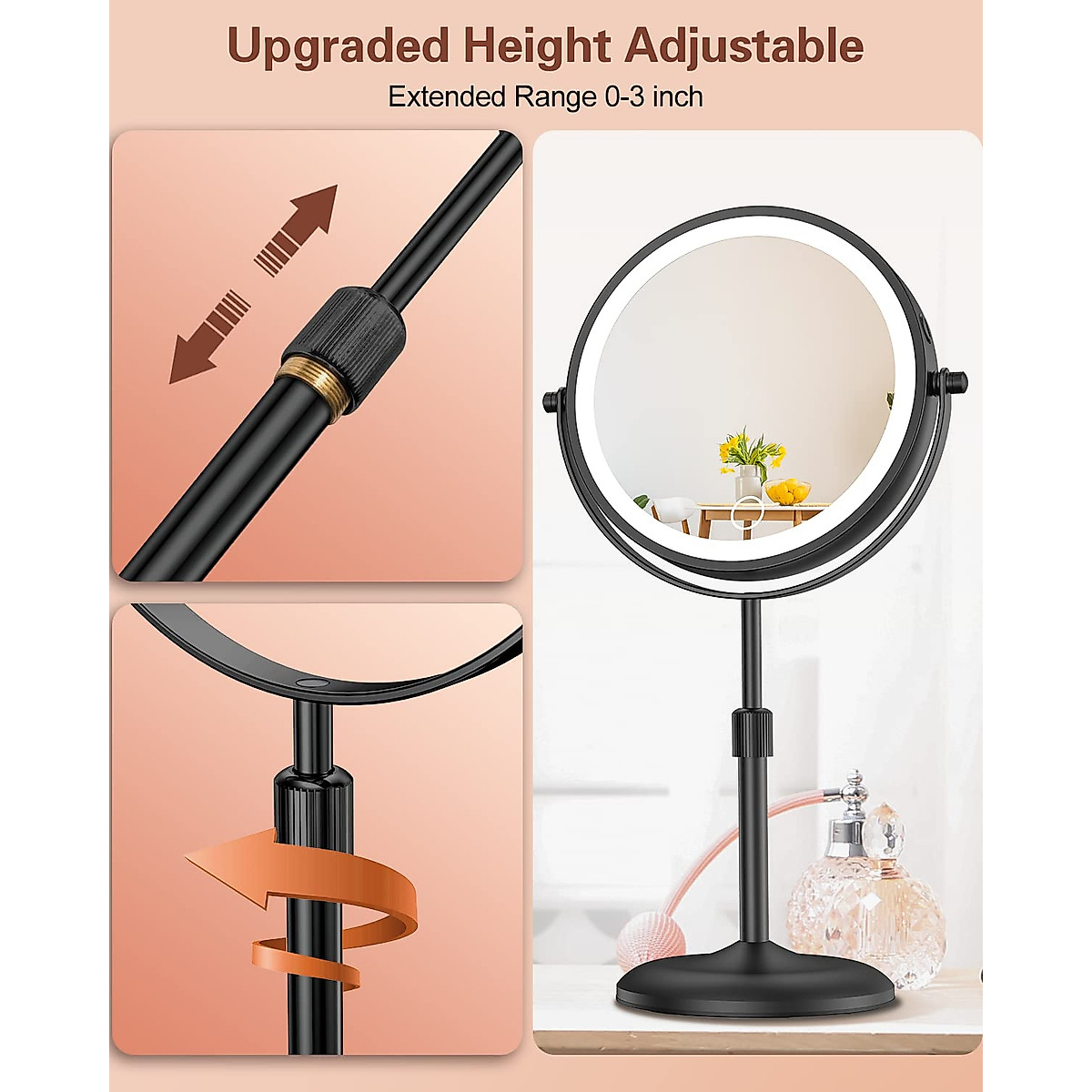Benbilry Lighted Makeup Mirror with 10X Magnification & 3 Color Lights, Adjustable Brightness & Height, 7 Inch 360° Swivel Rechargeable LED Magnifying Make Up Mirror with Lighting (Black)