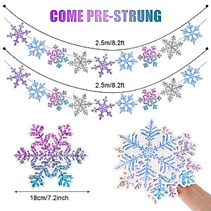 TaoBary 2 Pack Frozen Snowflake Banner Garland Frozen Birthday Party Decorations Winter Snowflake Banners Blue Purple Silver Glitter Snowflake Garland for Wonderland Baby Shower Decorations