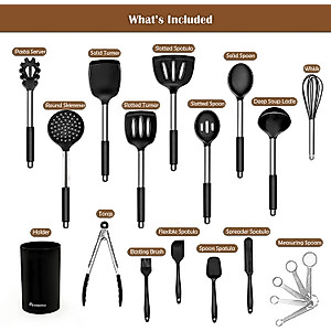 MUSENTIAL 20-Piece Kitchen Utensil Set with Holder, BPA-Free Silicone and Stainless Steel Handle, Non-Stick and Heat Resistant Cooking Spatula Utensil Set (Black/Silver)