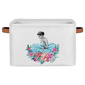 cfpolar Collapsible Storage Bin Floral Ballerina Girl Storage Basket Rectangular Fabric Storage Basket with Handle Home Storage Organizer for Bedroom Decor Toys Books Nursery Clothes Gift Basket