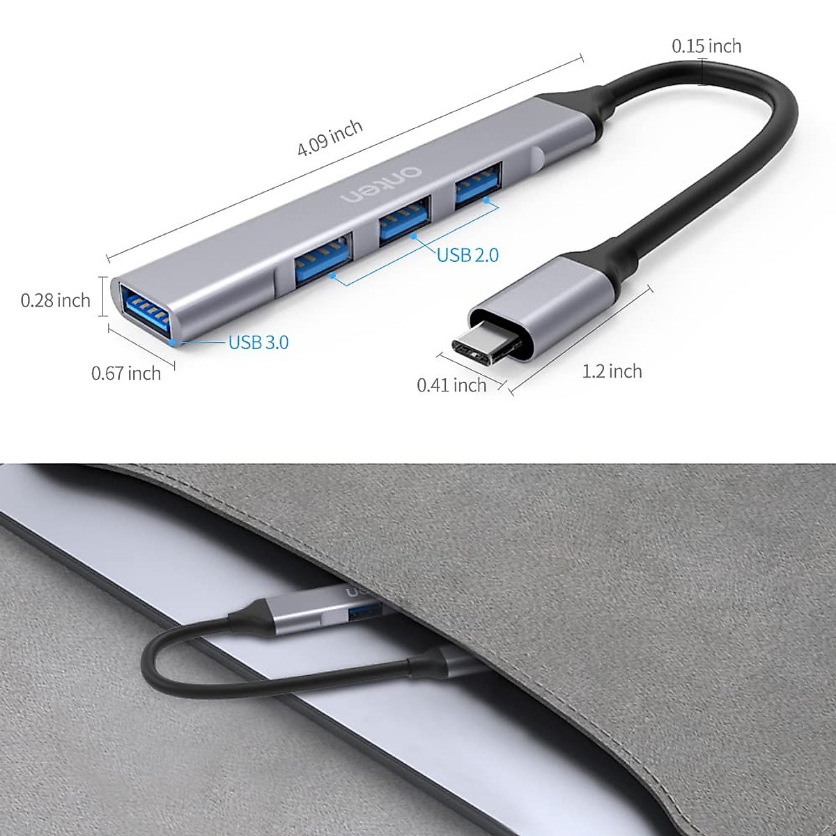 Onten USB C Hub,USB Hub. 4 Port USB C and USB to USB 3.0&USB 2.0 Adapter.USB C Splitter for MacBook Pro 2020/2019, iMac 2021, USB Splitter Aluminum Alloy, Color Gray