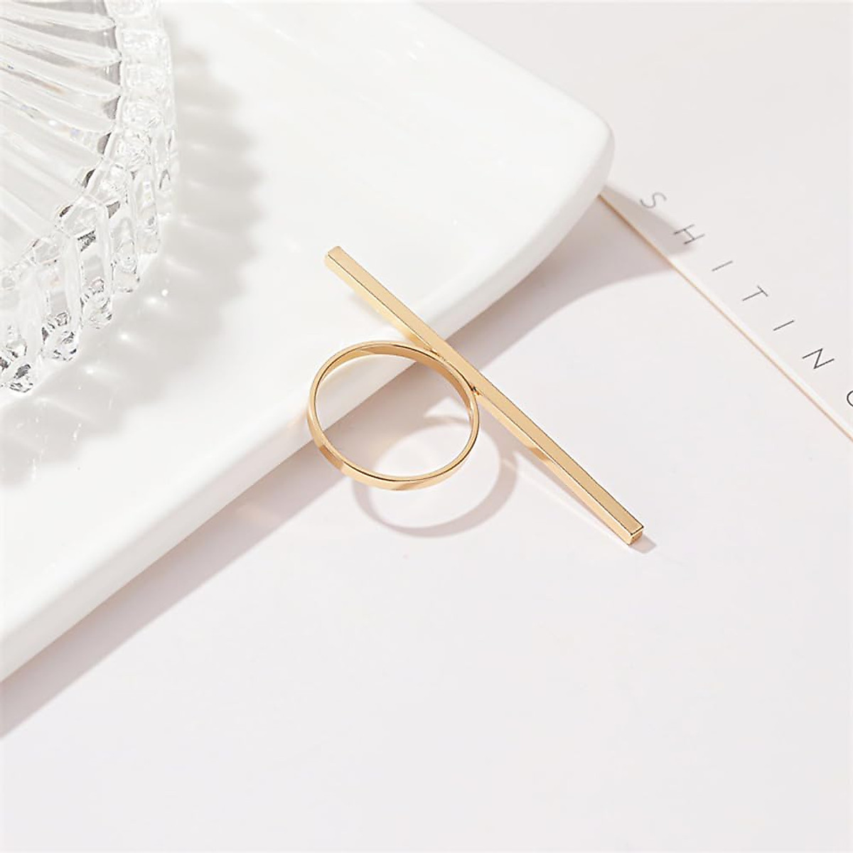 MINGHUA Silver Bar Geometric Square Finger Ring for Women Party Gift (Gold)