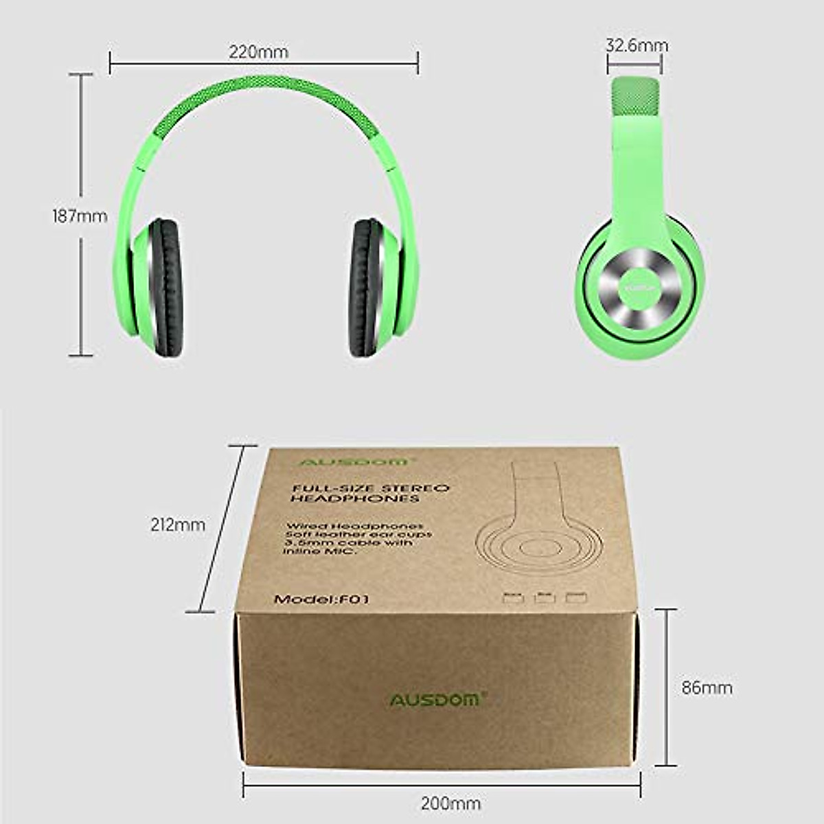 AUSDOM Lightweight Over-Ear Wired HiFi Stereo Headphones with Built-in Mic Comfortable Leather Earphones Noise Isolating Adjustable Deep Bass for iPhone iPod iPad Macbook MP3 Smartphones Laptop- Green