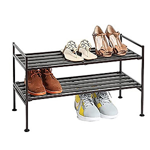 Seville Classics Sturdy Freestanding Storage Shelf for Bedroom, Closet, Entryway, Dorm Room Organizer, Stackable Durable Metal Shoe Rack, Espresso Slat, 2-Tier