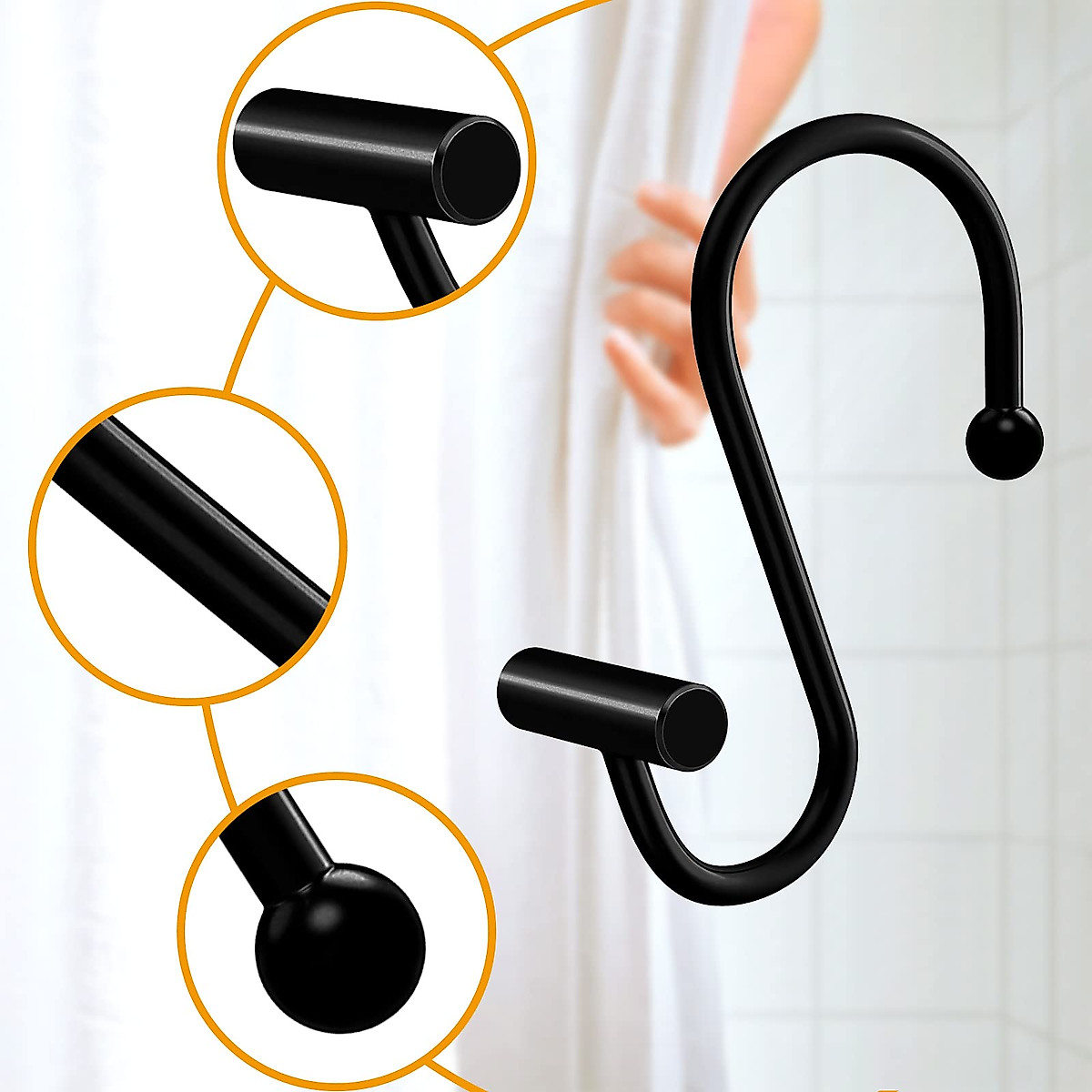 Shower Curtain Hooks Rings,Set of 24 Rustproof Metal Shower Hooks for Shower Curtain,S Shaped Black Shower Curtain Rings for Bathroom,T-Bar Decorative Shower Hooks Hangers for Shower Curtain Rod