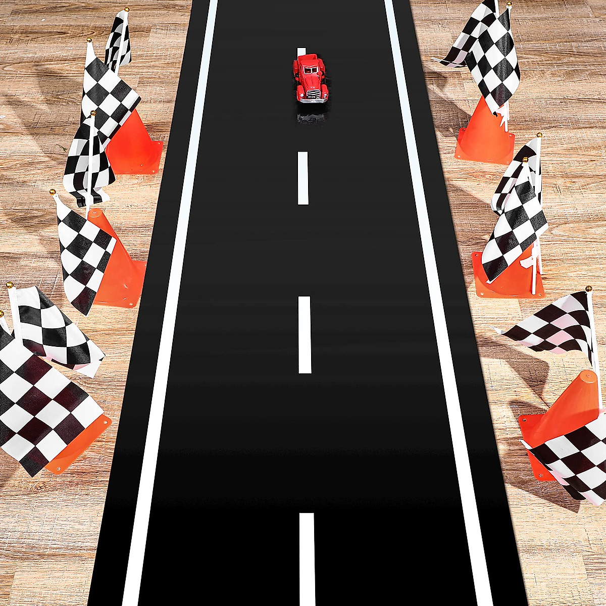 Remagr 22 Pcs Race Car Birthday Party Supplies Include Racetrack Floor Running Mat Checkered Racing Pennant Banner Black and White Flags on Sticks, Mini Orange Sports Safety Cones for Racing Party