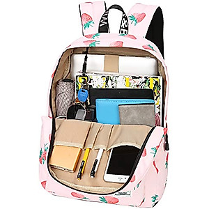 MIRLEWAIY 15.7 inch Water-resistent Large Capacity Travel Laptop Backpack Lightweight Primary Junior School Bag for Teen Girls, Pink Strawberry