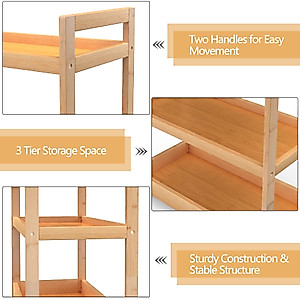 Purbambo Kitchen Storage Cart on Wheels, 3 Tier Bamboo Rolling Cart, Mobile Utility Cart for Home, Kitchen, Dining Room, Coffee Bar