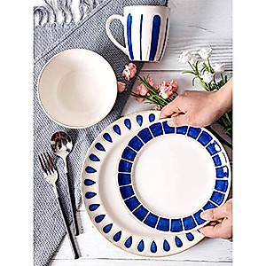 GagalU Tabletop Dinner SetsFine Dinnerware Set,4 Pieces Blue White Ceramic Dinner Set Porcelain Mug Plate Bowl Lead-Free Tableware