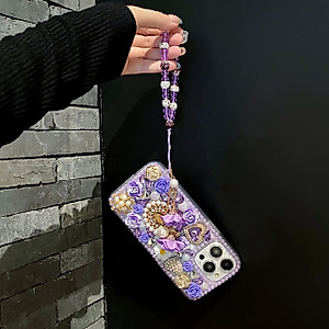 iFiLOVE for iPhone 14 Pro Max Bling Diamond Case with Flower Strap, 3D Luxury Sparkle Glitter Crystal Rhinestone Pearl Love Rose Wristband Bracelet Case Cover for Girls Women Kids (Champagne)