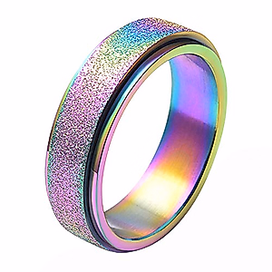 WOYNJI Stainless Steel Spinner Ring for Women Men Sand Blast Finish Gay and Lesbian LGBT Pride Wedding Band 6MM Rainbow Size 13