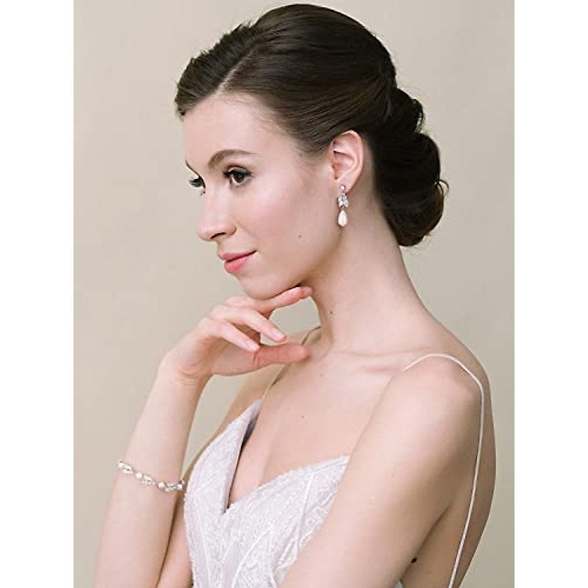 SWEETV Wedding Bridal Jewelry Set for Women, Cubic Zirconia Pearl Dangle Earrings and Bracelet Set for Wedding Prom