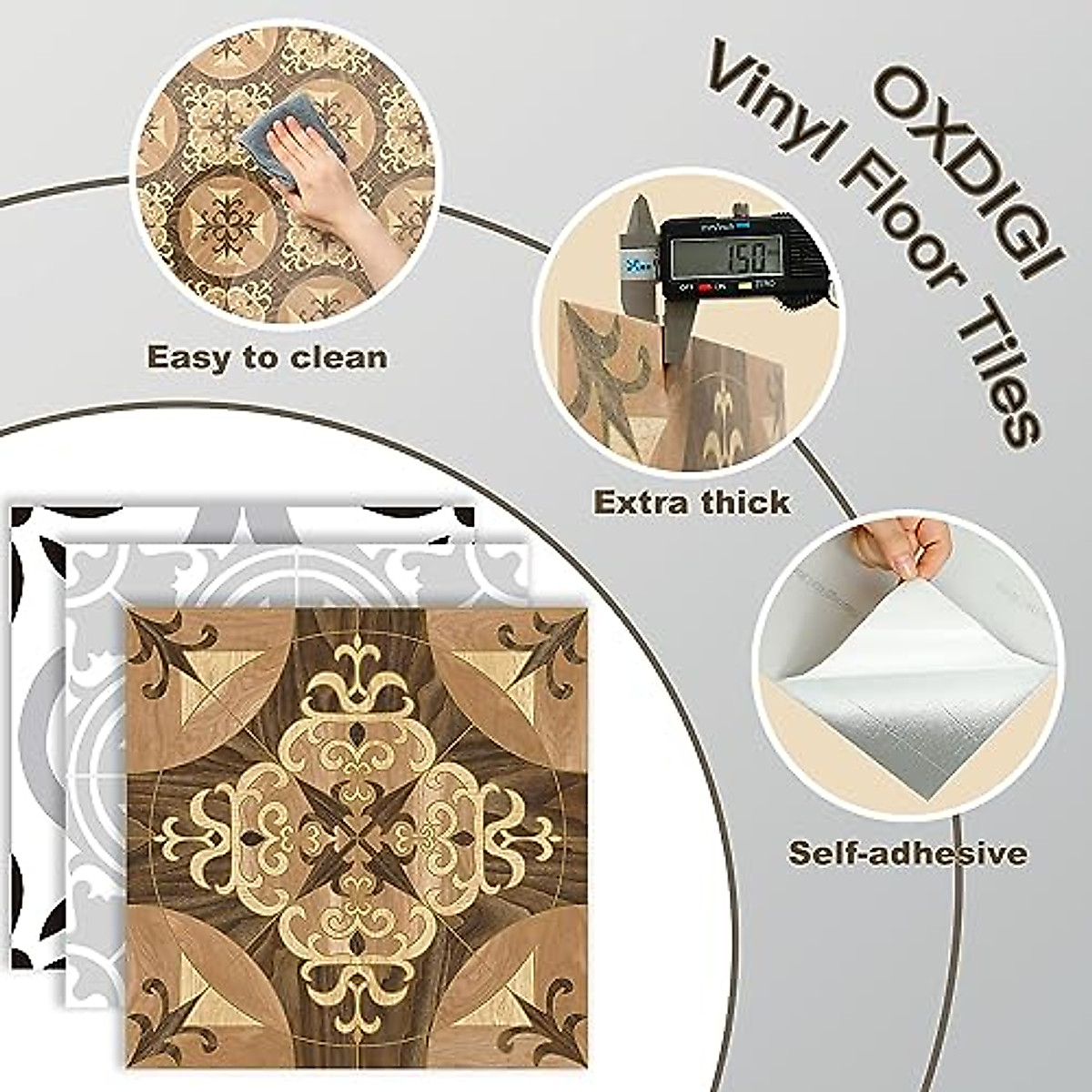 Oxdigi Floor Tiles Peel and Stick Waterproof - Self-Adhesive Vinyl Floor Tiles|DIY Floor Stickers|Vintage Flooring for Bathroom,Kitchen,Laundry and Balcony|20-Pack|12" x 12"|19.4sq.ft|Brown