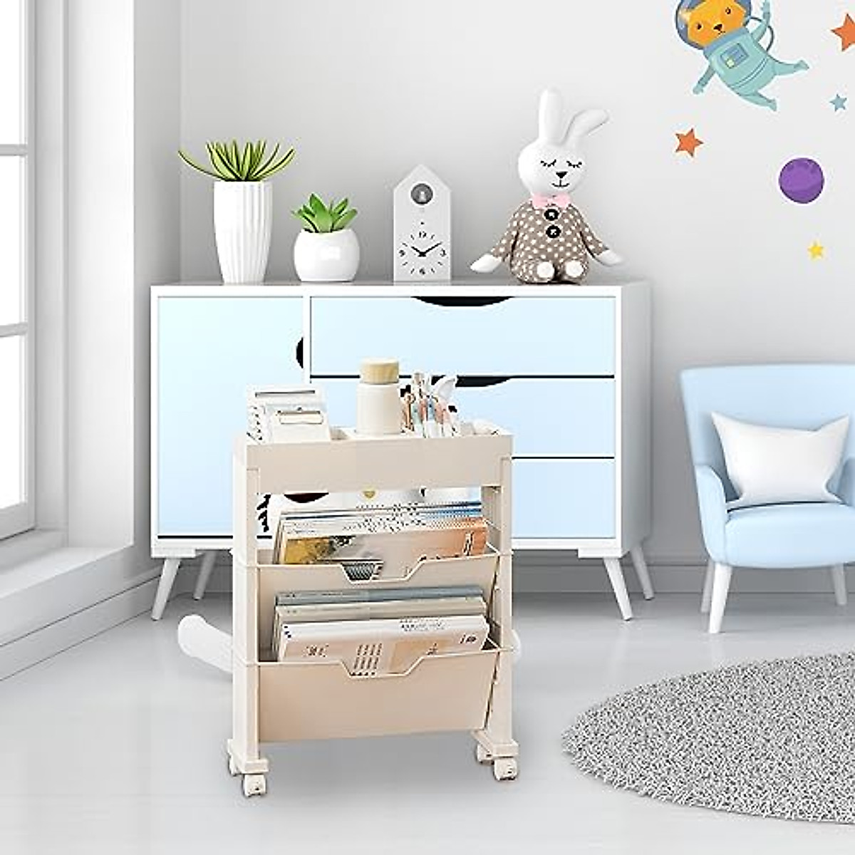 Rolling Carts with Wheels, Desk Organizers,3-Layer Rolling Utility Car,Multifunctional Mobile Bookshelf with Lockable Casters,Rolling Cart for Teachers,Learning, Office, Kitchen (A Grey)