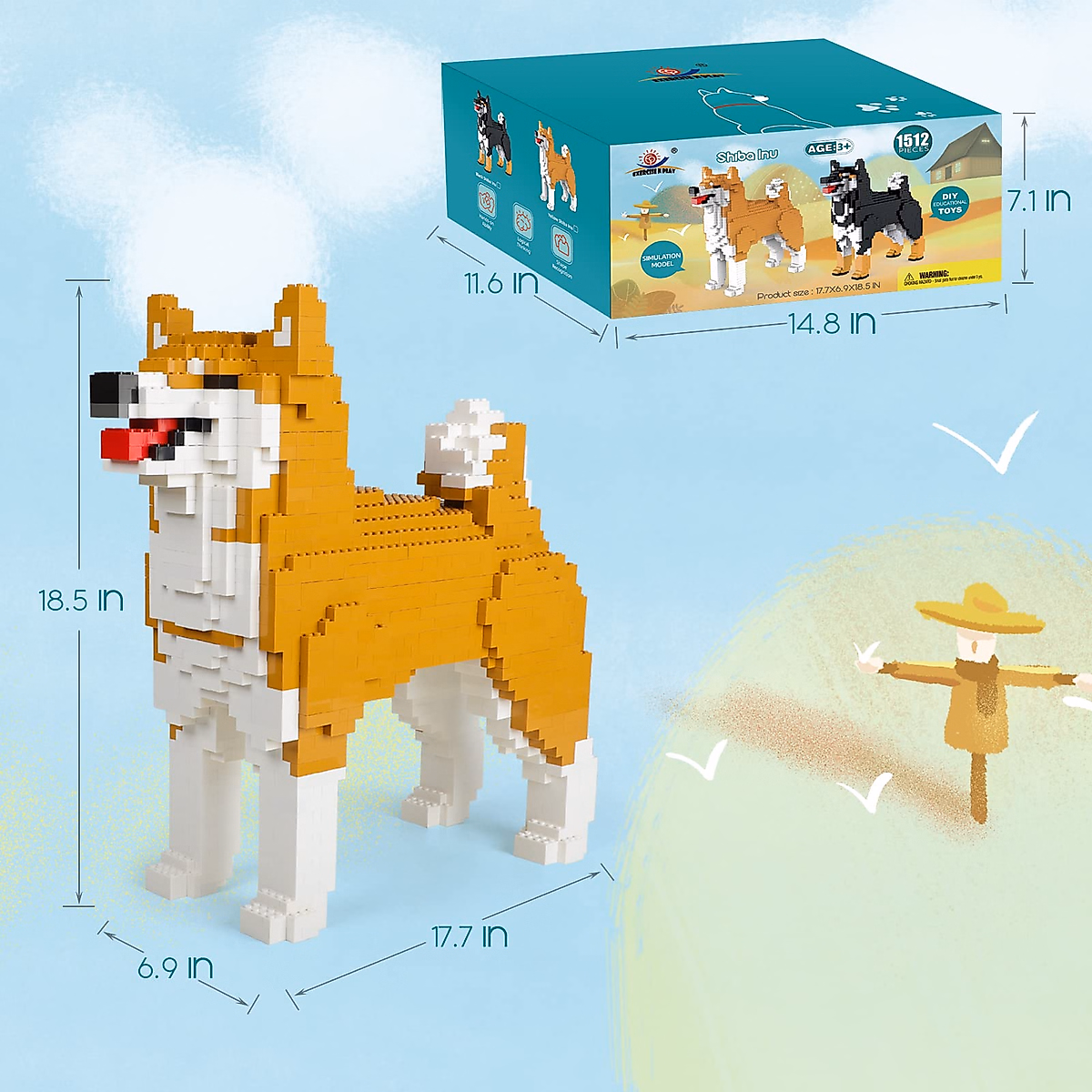 EP EXERCISE N PLAY 1512 PCS Large Dog Building Set Animals Building Blocks 1:1 Life-Size Shiba Inu Pets Toys Gifts for Kids or Adult