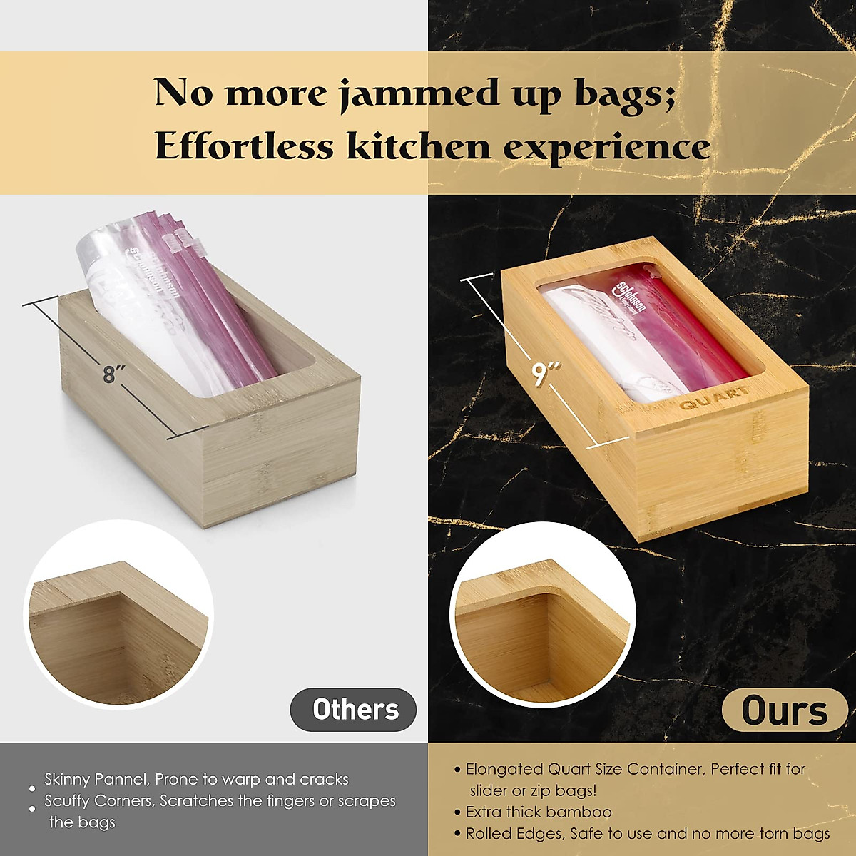 Storage Bag Organizer for Kitchen Drawer Organization, Bamboo Ziplock Bag Organizer for Drawer, Plastic Bag Organizer, Compatible with Quart Sliders, Snack & Sandwich Bag Organizer, Food Baggie Holder