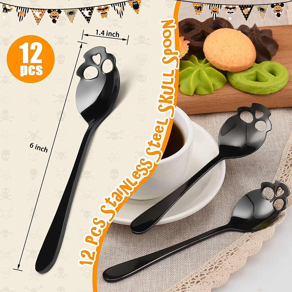 12 Pack Halloween Skull Teaspoons, 6-inch Black Gothic Skull Spoons, Stainless Steel Skull Coffee,Tea, Sugar Stirring Spoon for Halloween Coffee Bar Decor Sugar Dessert Spoons for Kitchen Accessories