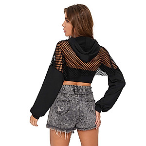 Floerns Women's Mesh Contrast Long Sleeve Pullover Crop Top Hoodie Black 1 S