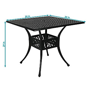 Sunnydaze Square Patio Dining Table - Outdoor Heavy-Duty Black Cast Aluminum - 4-Person Outside Patio Furniture with Umbrella Hole - Modern Dinette Table - Outdoor Patio Table - 35-Inch