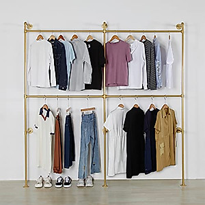 ZGZR Industrial Pipe Clothes Rack Metal Clothing Store Display Stands Wall Mounted Garment Rack, Heavy Duty Hanging Rod for Closet Storage, 89.8in Gold