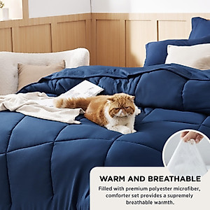 Bedsure Navy Bedding Sets Queen - 7 Pieces Solid Bed in a Bag, Queen Bed Set Navy with Comforter, Sheets, Pillowcases & Shams